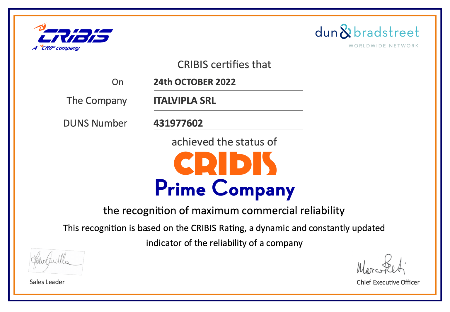 Certificazione Cribis - Italvipla